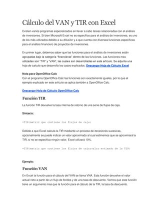 Cálculo Del VAN y TIR Con Excel