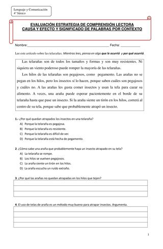 Evaluación Estrategia De Comprensión Lectora Causa Y Efecto Y ...