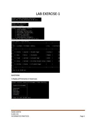 Lab Exercise of class 11 IP mysql