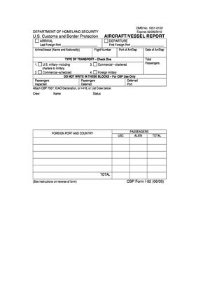 U.S. Customs Form: CBP Form I-92 - Sample Form for Reference