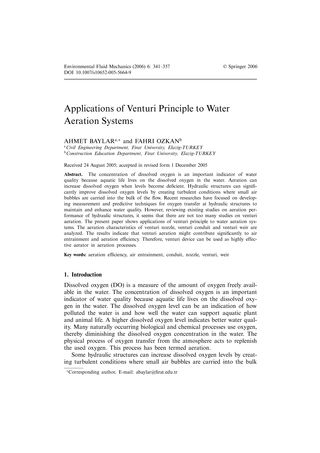 Applications of Venturi Principle to Water Aeration Systems