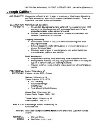 Package Handler Resume Sample