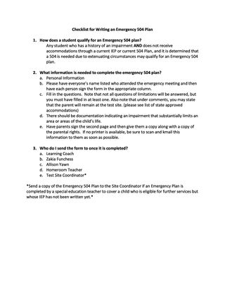 Checklist for Writing an Emergency 504 Plan 1. How does a student ...