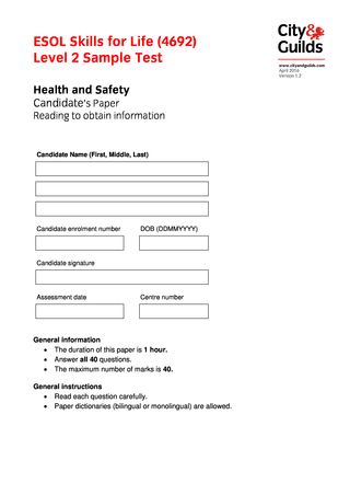 ESOL Skills for Life (4692) Level 2 Sample Test: Health and Safety