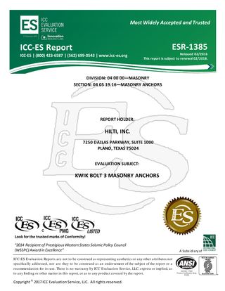 ICC ESR-1385 for Kwik Bolt 3 Expansion Anchors for Masonry Approval ...