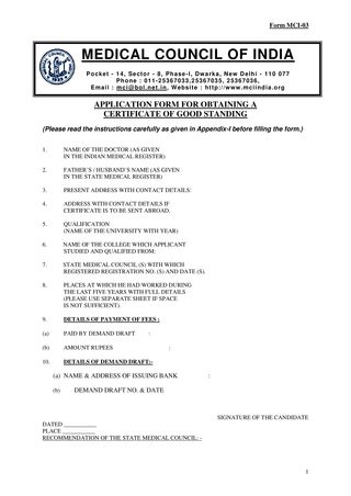 Medical Council Of India: Application Form For Obtaining A Certificate ...